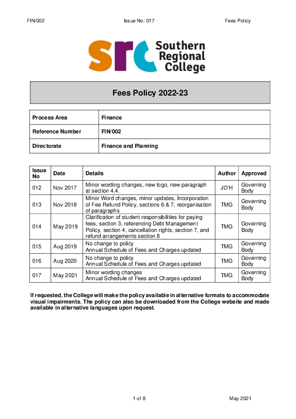 Fees Policies | Southern Regional College